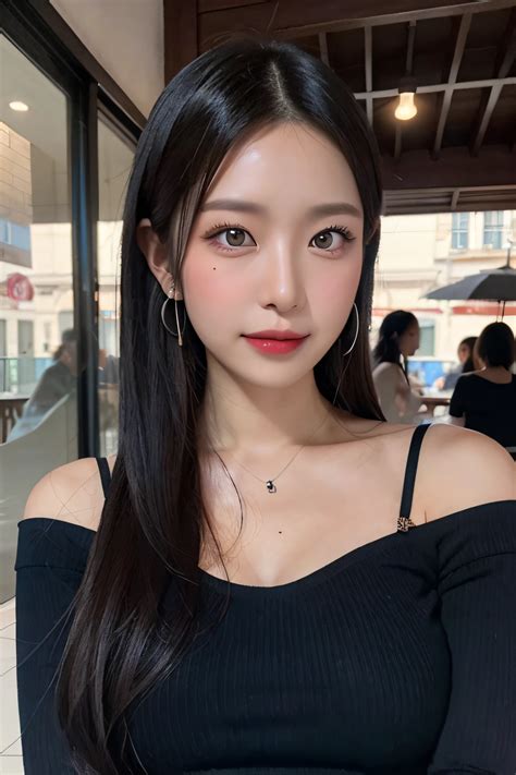 검은색 상의를 입고 긴 머리를 한 여성의 클로즈업 Seaart Ai