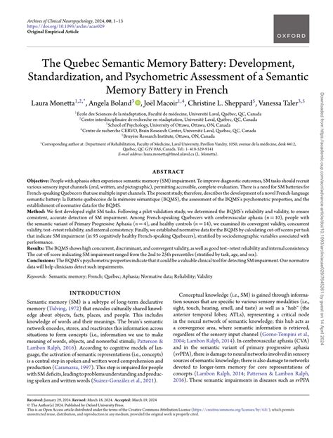 Pdf The Quebec Semantic Memory Battery Development Standardization And Psychometric