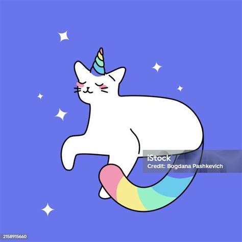 꿈꾸는 유니콘 고양이의 벡터 일러스트 레이 션 와 와 무지개 꼬리 와 사랑스러운 다채로운 뿔 보육원 장식을 위한 만화 스타일의 마법의 생물 아이들을 위한 긍정적인 캐릭터