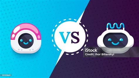 대 화면 파란색과 빨간색 추상대 배경 로봇과 Ai 아바타 로봇 싸움 템플릿 심플한 모던 코믹 디자인 플랫 스타일 벡터 그림입니다 결투에 대한 스톡 벡터 아트 및 기타 이미지