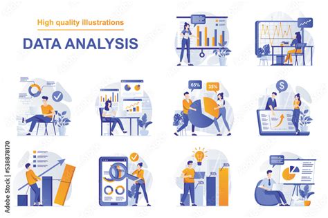 Data Analysis Web Concept With People Scenes Set In Flat Style Bundle Of Searching Statistics