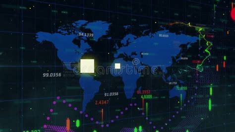 Animation Of Graphs And Processing Data Over Blue World Map On Black
