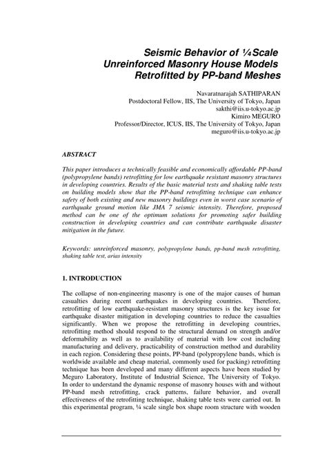 Pdf Seismic Behavior Of ¼ Scale Unreinforced Masonry House Models Retrofitted By Pp Band Meshes