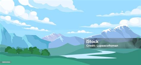 숲과 물줄기가있는 산 풍경 하얀 구름과 푸른 하늘에있는 여름 침엽수 림 개울 바위 및 태양의 벡터 만화 일러스트 레이 션 0명에 대한 스톡 벡터 아트 및 기타 이미지