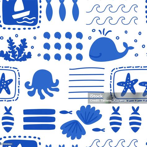 파란색과 흰색의 귀여운 바다 생물 패치워크 완벽 한 패턴 벡터 여름 방학 벽지 섬유 디자인 물고기에 대한 스톡 벡터 아트 및 기타 이미지 Istock