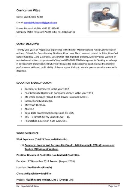 Curriculum Vitae Sayed Abdul Kader Pdf