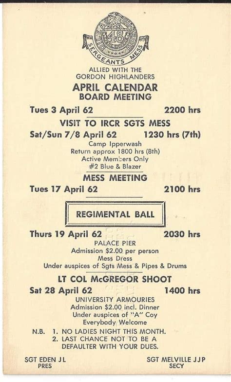 48th Sgts Penny Postcard Calendar April 1962 48th Highlanders Museum