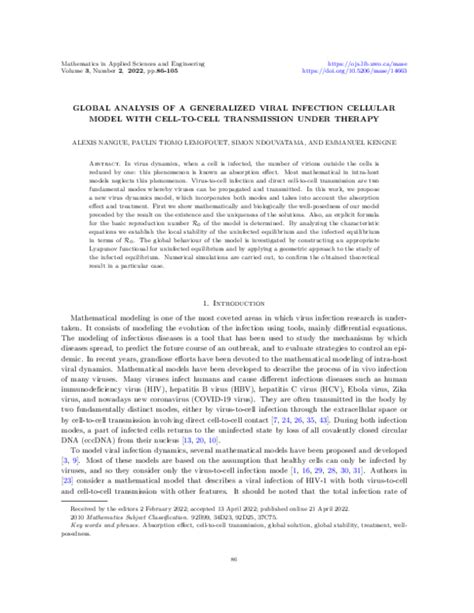 Pdf Global Analysis Of A Generalized Viral Infection Temporal Model With Cell To Cell