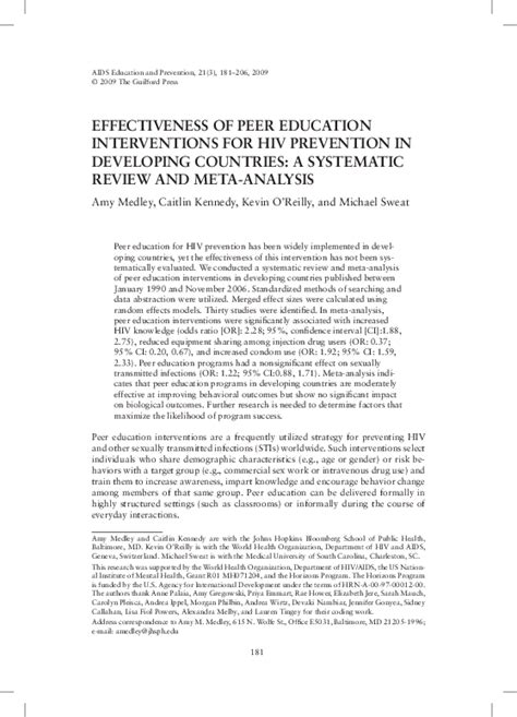 Pdf Effectiveness Of Peer Education Interventions For Hiv Prevention In Developing Countries