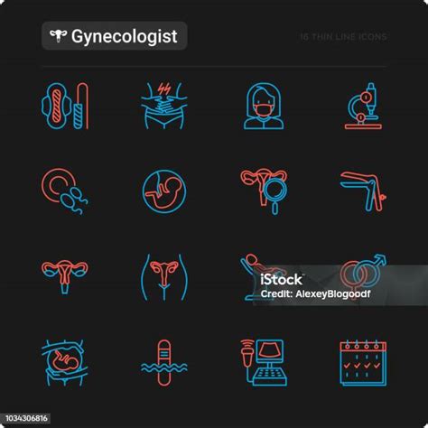 산부인과 의사 선 아이콘 세트 자 궁 난소 부인과 자 임신 초음파 생리대 테스트 배아 생리 질 확장기 현대 벡터 일러스트 레이