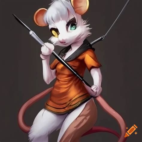 Digital Art Of A White Fur Anthro Mouse Fencer With Black Sombrero On