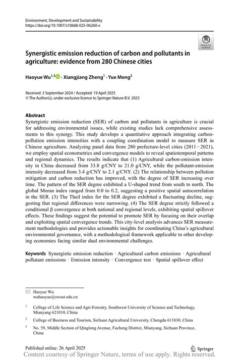 Synergistic Emission Reduction Of Carbon And Pollutants In Agriculture Evidence From 280