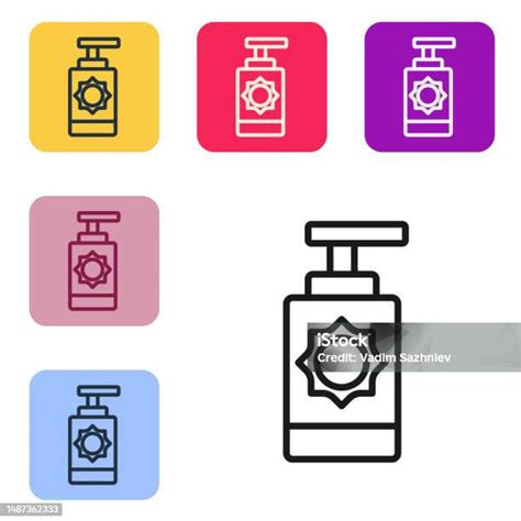 검은색 선 자외선 차단제 스프레이 병 아이콘은 흰색 배경에 분리되어 있습니다 태양 자외선으로부터 피부를 보호합니다 색상 사각형 버튼으로 아이콘을 설정합니다 벡터 건강한 생활