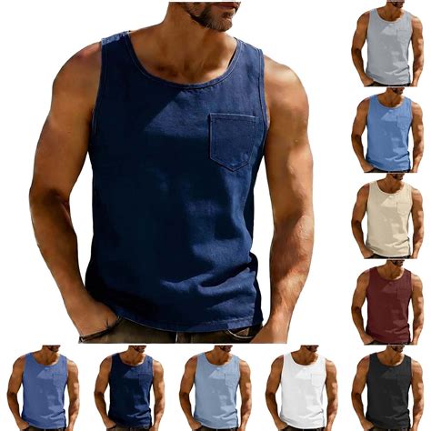Zvavz Mens Loose Fit Tank Top With Chest Pocket Solid Crew Neck Casual