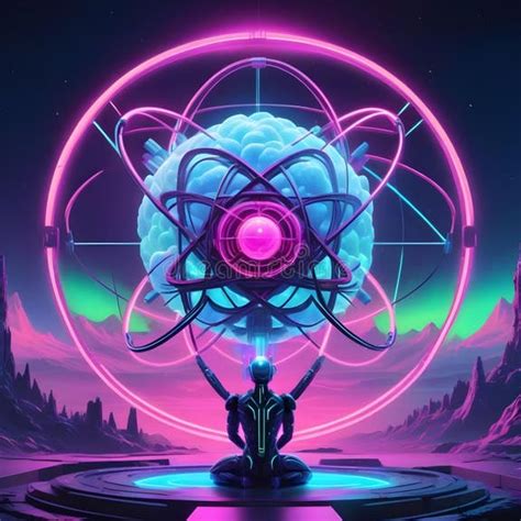 Cyberpunk Atom Neon Pink Purple Vision Of Atomic Structure Energy And Orbits Stock Illustration