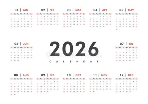 Vector A4 Modern Classic Horizontal 2026 Calendar Stock Vector
