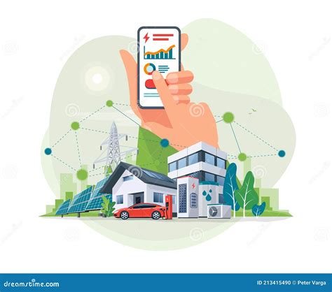 Smartphone With Renewable Electricity Storage Energy Control Usage Monitoring App Stock Vector