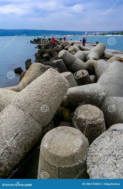 Coast Protection Structures Pier And Concrete Tetrahedrons For Storm Protection Editorial Image