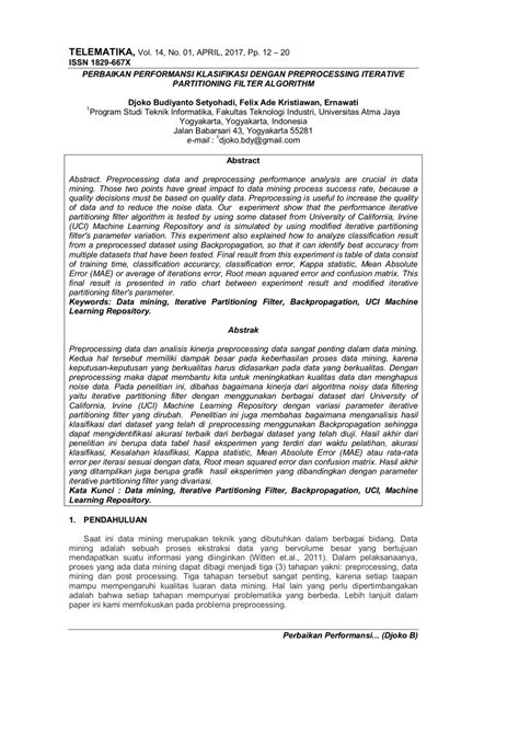 Pdf Perbaikan Performansi Klasifikasi Dengan Preprocessing Iterative Partitioning Filter Algorithm