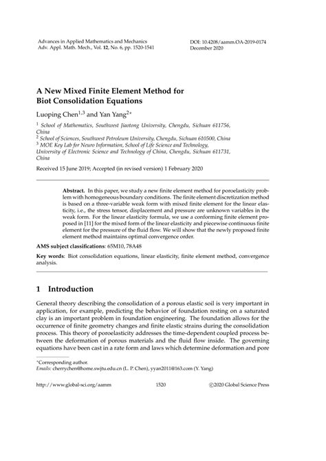 Global Science Press A New Mixed Finite Element Method For Biot