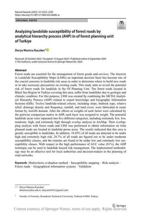 Analyzing Landslide Susceptibility Of Forest Roads By Analytical Hierarchy Process Ahp In Of