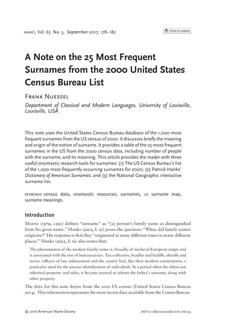pdf a note on the 25 most frequent surnames from the 2000 united states census bureau list