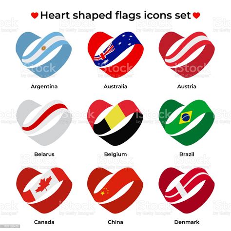 하트 모양의 플래그 아이콘 세트입니다 리본 컬의 아이콘 플래그입니다 벡터 아이콘 기호 버튼 플랫 스타일로 일러스트레이션 기에
