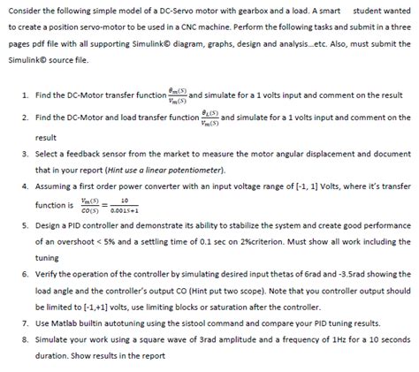 Consider The Following Simple Model Of A DC Servo Chegg