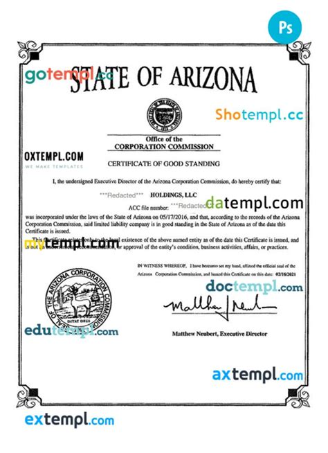 Usa Arizona Certificate Of Good Standing Psd Template Gotempl Cc