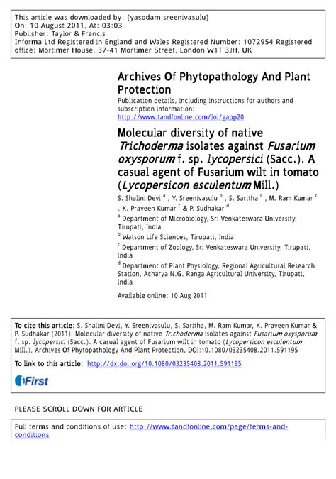 Pdf Molecular Diversity Of Native Trichoderma Isolates Against Fusarium Oxysporum F Sp