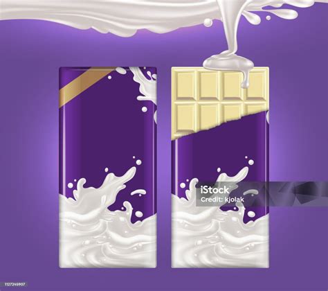 밀크 초콜릿 광고의 이랑입니다 화이트는 보라색 바탕에 초콜릿의 두 타일 3 차원 벡터입니다 높은 상세한 현실적인 그림 갈색에