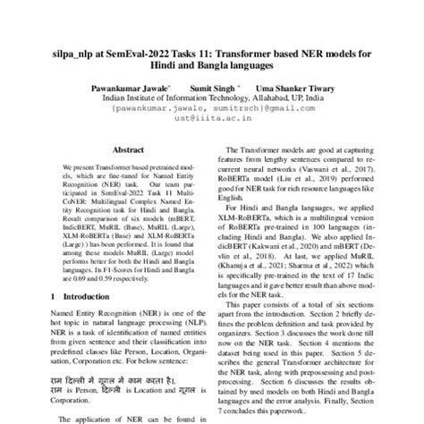 Silpa Nlp At SemEval Tasks Transformer Based NER Models For Hindi And Bangla Languages