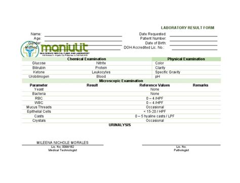 Chemical Examination Physical Examination Laboratory Result Form Pdf