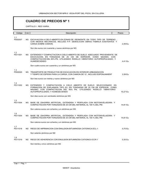 Cuadro De Precios Nº 1