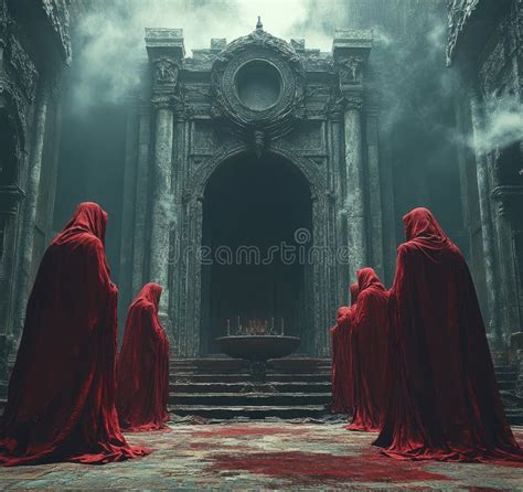 Cultists In Red Robes Perform A Dark Ritual In An Ancient Throne Room