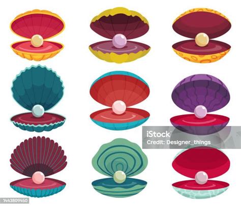 조개껍데기에 진주 오픈 조개 가리비와 진주 껍질 아이콘은 다양한 형태와 색상으로 설정됩니다 만화 플랫 스타일의 조개 껍질에 아름다운 진주 흰색 배경에 고립된 벡터 일러스트