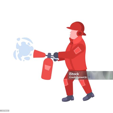 소방 관 빨간색 유니폼과 헬멧 남자 소방 관 전문 작업자 직업 남성 만화 캐릭터 전체 길이 플랫 절연을 입고 소화기를 들고 소화기에 대한 스톡 벡터 아트 및 기타 이미지