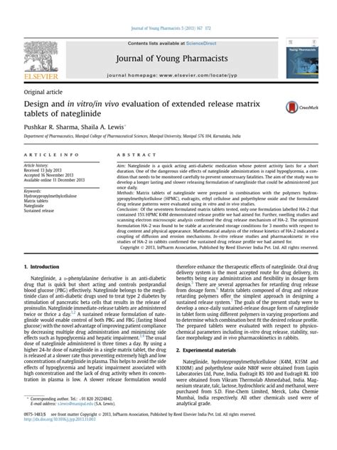 Design And In Vitroin Vivo Evaluation Of Extended Release Matrix Tablets Of Nateglinide Pdf