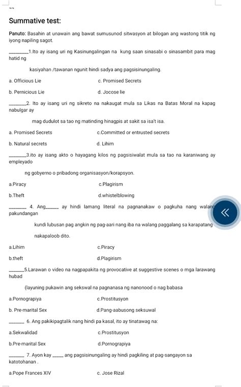 Summative Test Panuto Basahin At Unawain Ang StudyX
