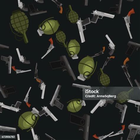 완벽 한 패턴 자동 총 군과 손을 보호 Shoting 또는 전쟁 질감 사냥 및 경찰 장비 배경 벡터 일러스트 레이 션에 대 한 권총 총알과 잡지 배럴에서 무기 Sport