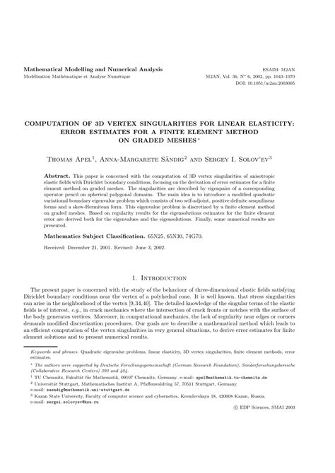 Pdf Computation Of 3d Vertex Singularities For Linear Elasticity Error Estimates For A Finite