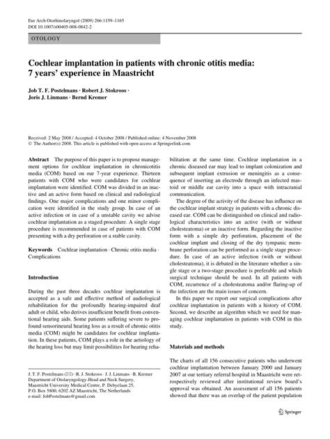 Pdf Cochlear Implantation In Patients With Chronic Otitis Media 7 Years Experience In Maastricht