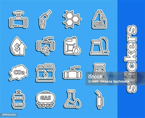 세트 라인 가솔린 펌프 노즐 물이 새는 부러진 금속 파이프 가격 인상 산업 금속 파이프 밸브 및 캐니스터 모터 기계 오일 아이콘 벡터 가격에 대한 스톡 벡터 아트 및 기타