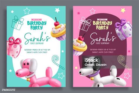 생일 초대장 벡터 템플릿 디자인 생일 축하 인사말 텍스트 개 모양 풍선 0명에 대한 스톡 벡터 아트 및 기타 이미지 0명 개 공기 주입 Istock
