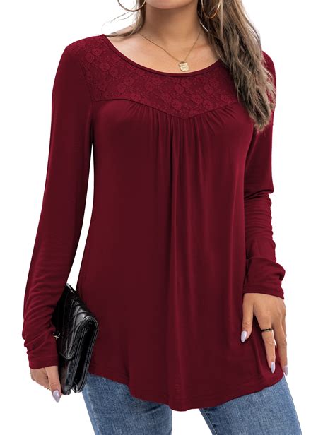 Folunsi Womens Plus Size Tops Long Sleeve Lace Pleated Blouses Tunic