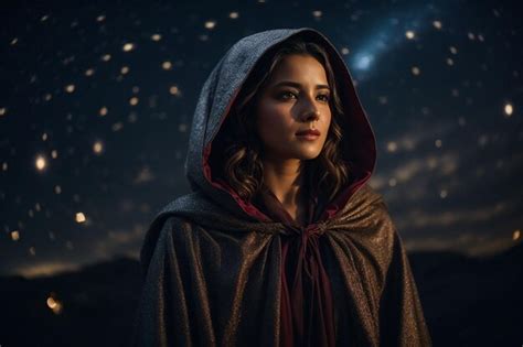 3d Female In Cloak Against A Starry Night Sky Premium Ai Generated Image