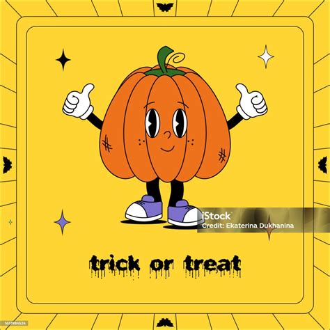 그루비 복고풍 해피 할로윈 귀여운 호박과 글자 트릭 오어 트릿 벡터 인사말 템플릿 포스터 인쇄 파티 초대장 및 배경 만화 캐릭터의 펑키 카드 2000년대 스타일에 대한 스톡