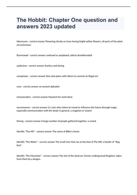 The Hobbit Chapter One Question And Answers 2023 Updated Hobbit Stuvia Us