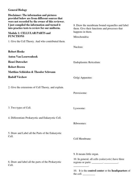 Bio 101 Cell Parts And Function And Cell Transport Practice Test Reviewer