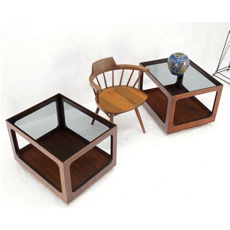 Walnut Rectangle Cube Shape Smoked Glass Top Side End Tables Stands A